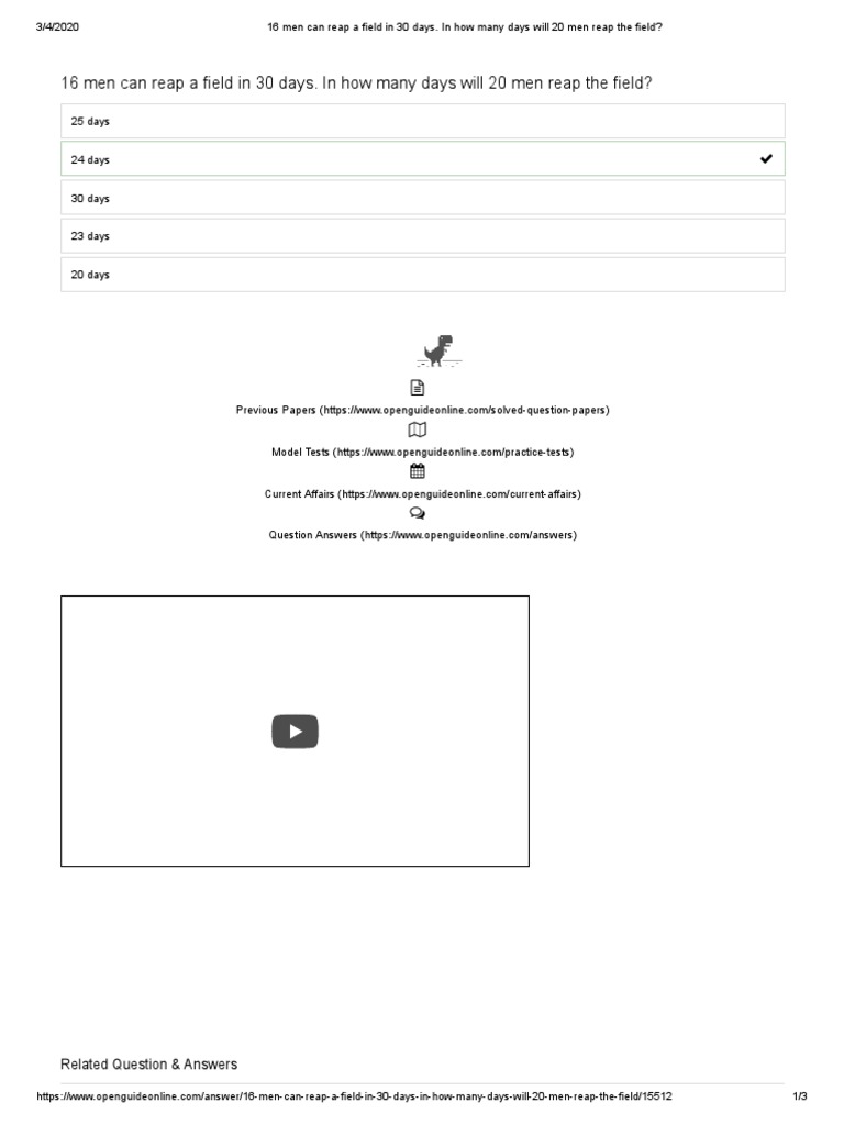 16 Men Can Reap A Field in 30 Days. in How Many Days Will 20 Men Reap ...