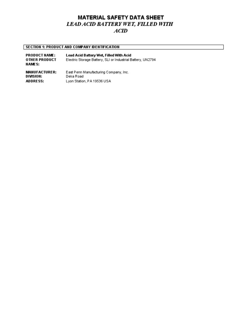 Lead Acid Battery Wet, Filled With Acid: Material Safety Data Sheet ...