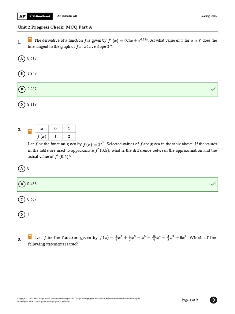 AB SG Unit 2 Progress Check MCQ Part A | PDF | Derivative | Tangent