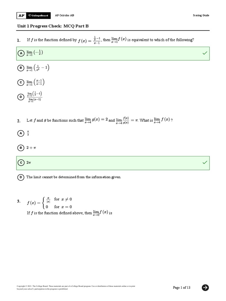 AB SG Unit 1 Progress Check MCQ Part B | PDF | Function (Mathematics ...