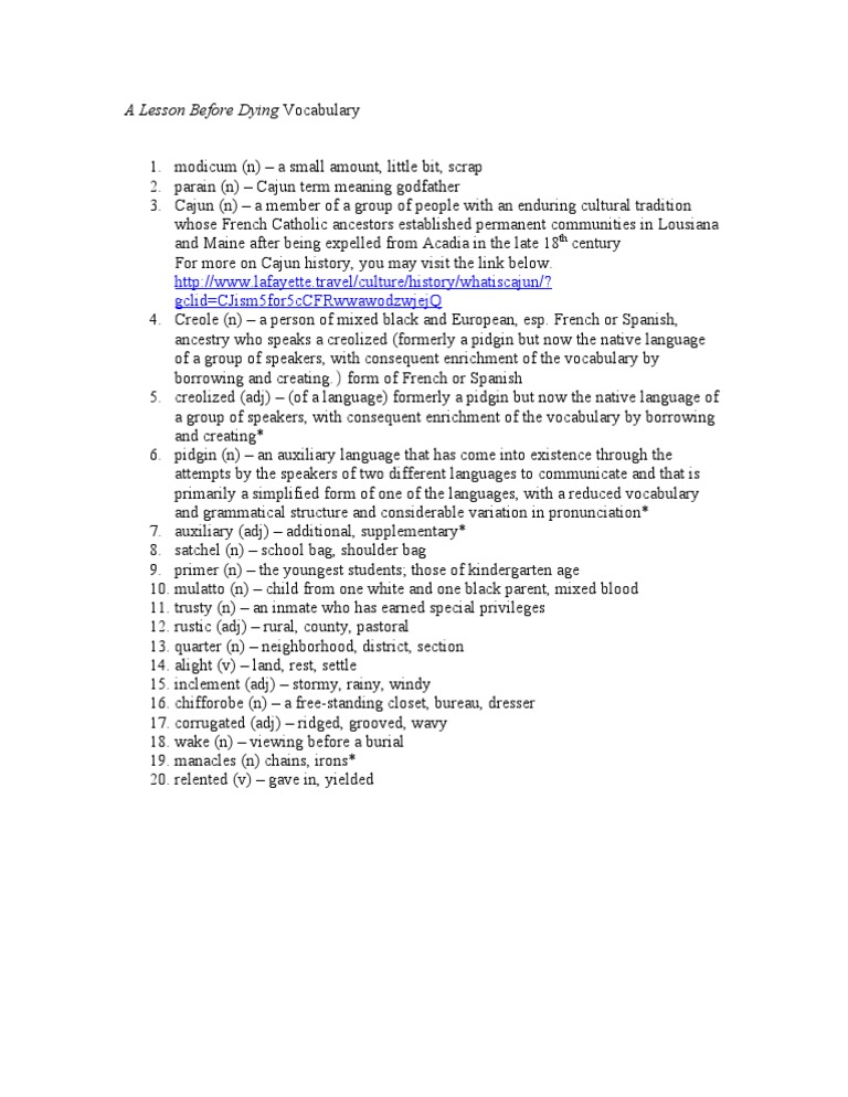 Vocabulary from A Lesson Before Dying | PDF