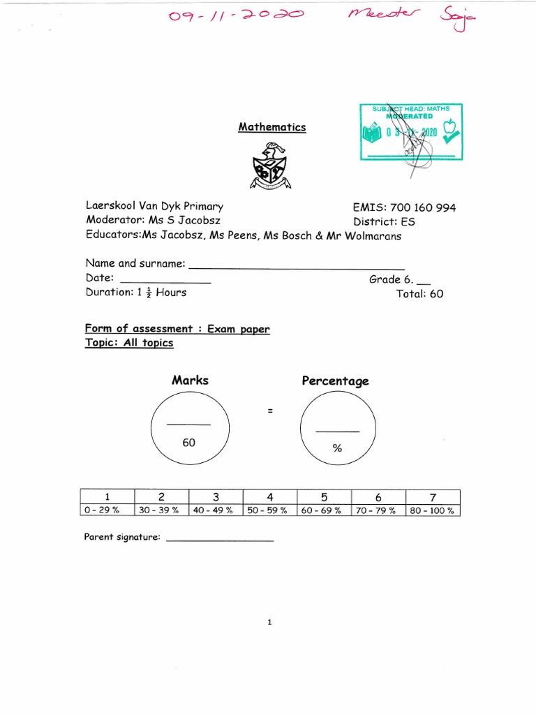 2020 November Exam Paper GR6 Maths | PDF