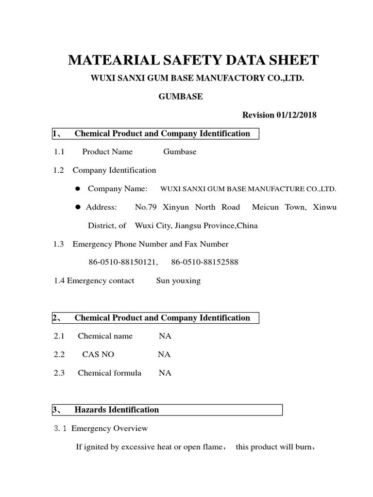 Gum Base MSDS Matearial Safety Data Sheet | PDF | Dangerous Goods ...