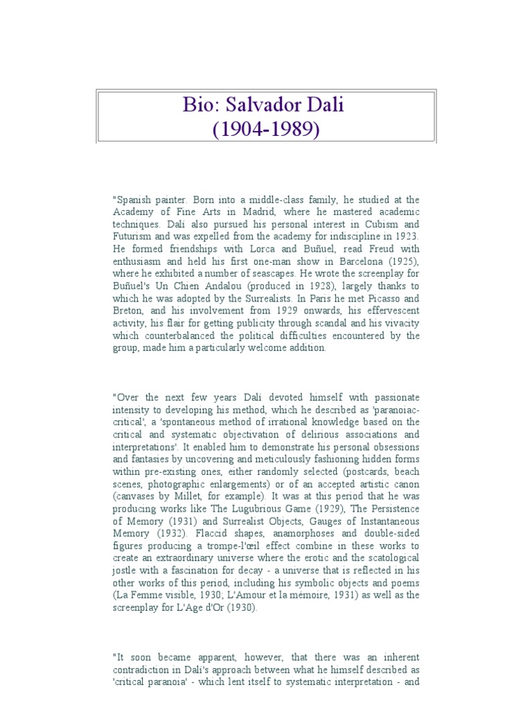 Salvador Dali Biography | PDF | Salvador Dalí | Surrealism