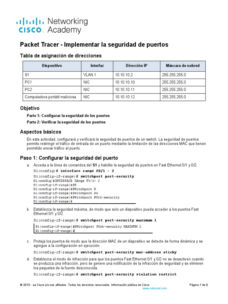 11 1 10 Packet Tracer Implement Port Security Pdf Controlador De Interfaz De Red Informática