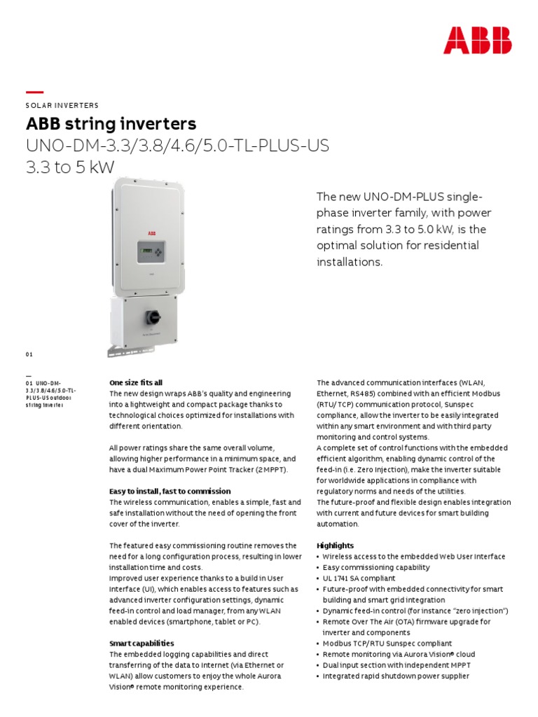ABB String Inverters: UNO-DM-3.3/3.8/4.6/5.0-TL-PLUS-US 3.3 To 5 KW ...