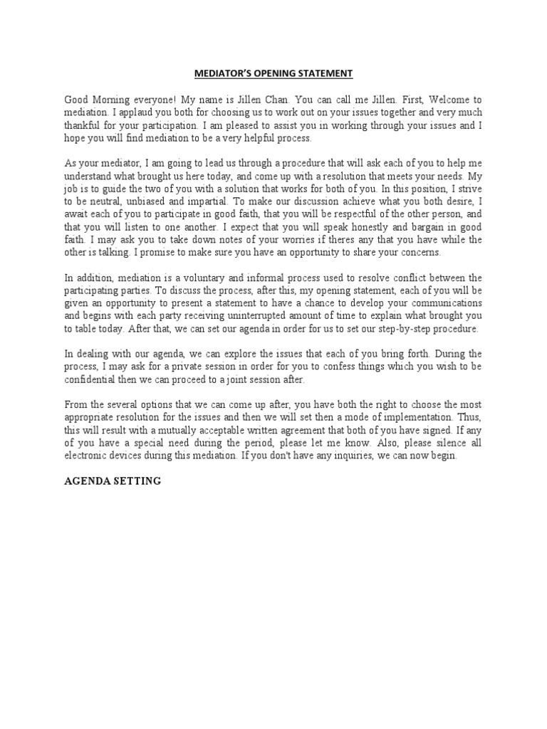 Mediator's Opening Statement Guide | PDF