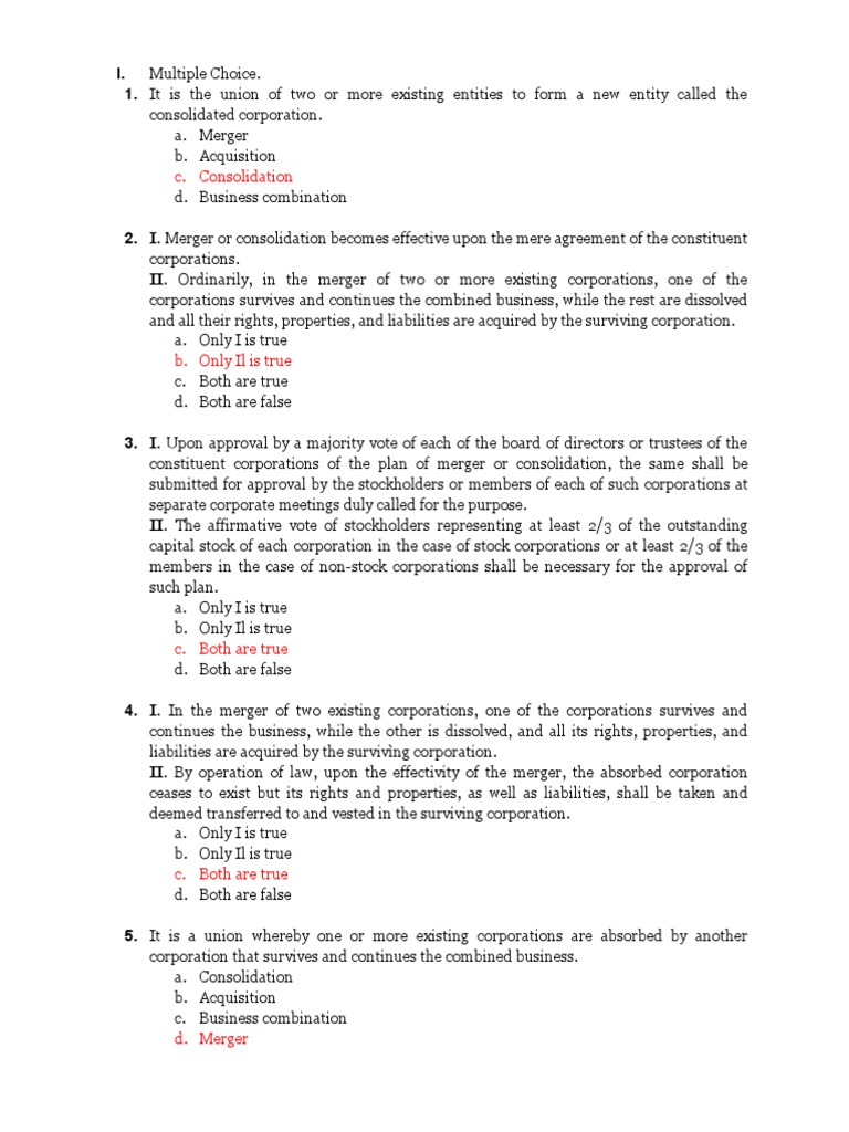 Merger and Consolidation MCQs | PDF | Corporations | Mergers And Acquisitions