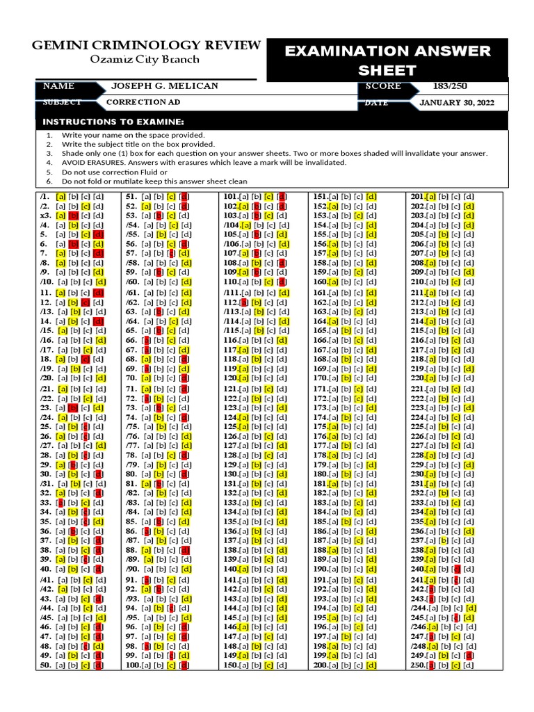Answer Sheet 250 Items Ozamiz | PDF
