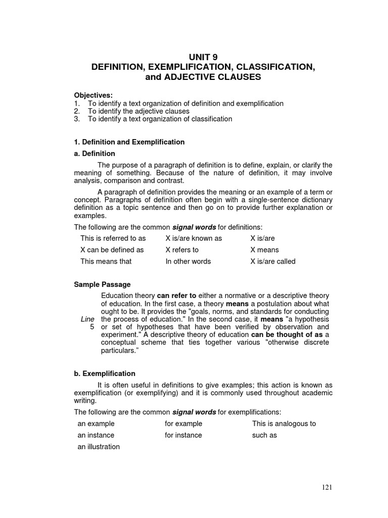 DEFINITION, EXEMPLIFICATION, CLASSIFICATION, and ADJECTIVE CLAUSES ...
