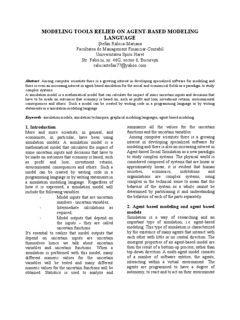 Articol Raluca UVVG | PDF | Agent Based Model | Simulation