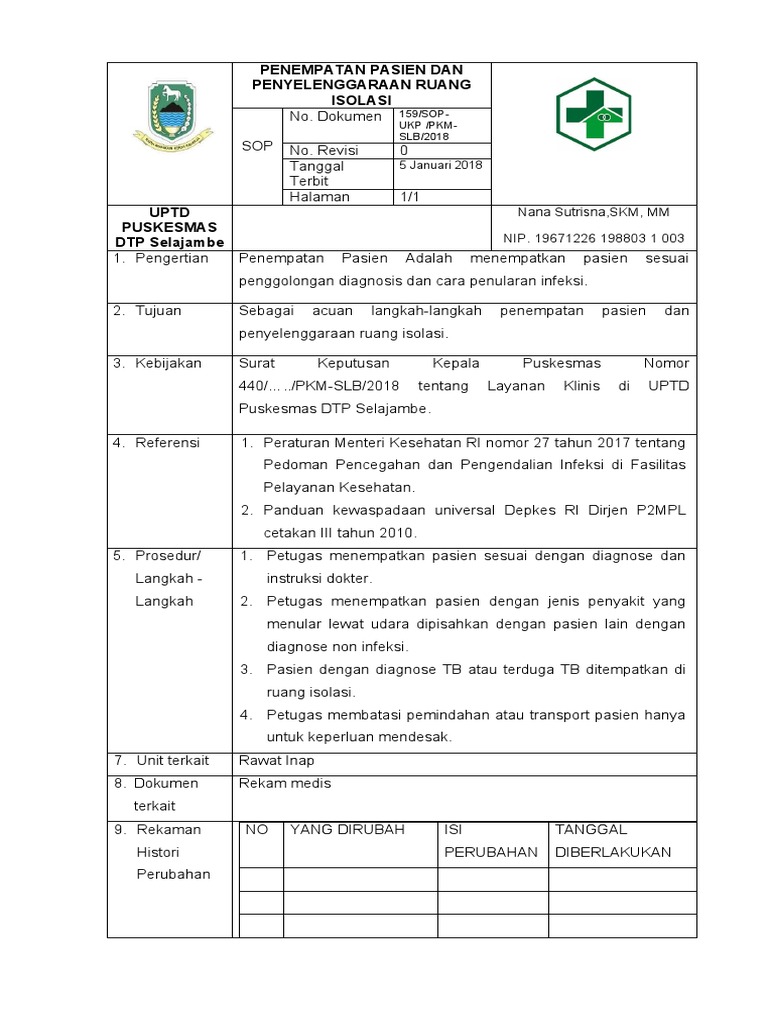 SOP Penempatan Pasien Dan Penyelengaraan Ruang Isolasi Selajambe 081118 ...