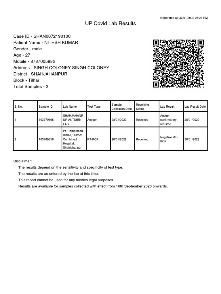 Covid RT-PCR Report | PDF