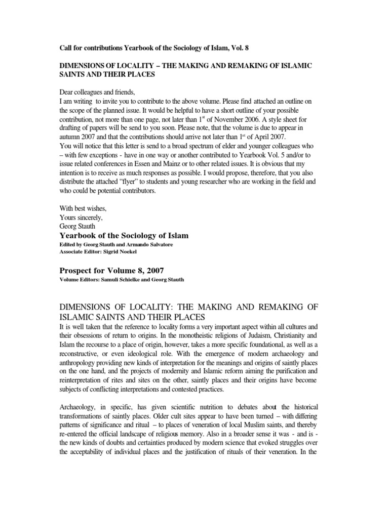 Call for Contributions: Islamic Saints Yearbook | PDF | Modernity | Rituals