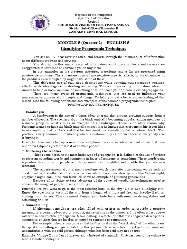 MODULE 5 (Quarter 2) - ENGLISH 5 Identifying Propaganda Techniques | PDF | Propaganda | Reason