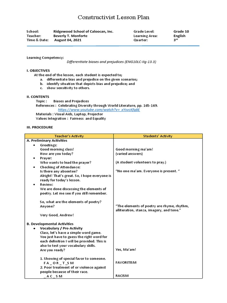 Constructivist Lesson Plan: Ridgewood School of Caloocan, Inc. Grade 10 ...