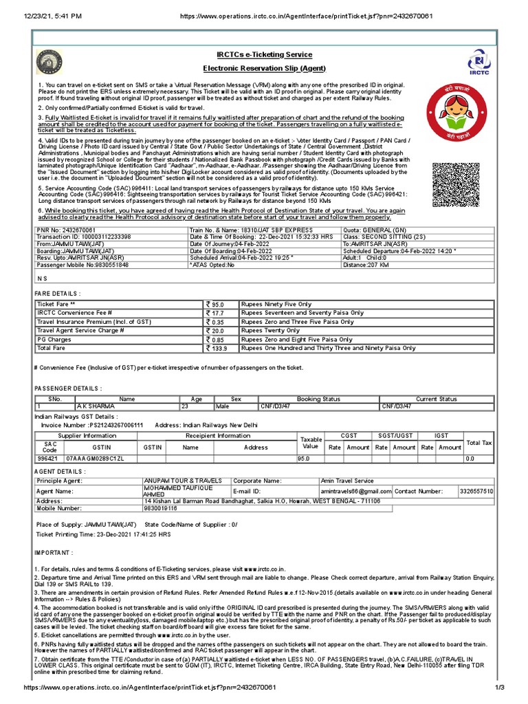 Irctcs E-Ticketing Service Electronic Reservation Slip (Agent) | PDF ...