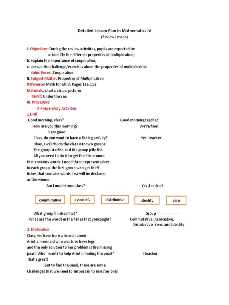 Detailed Lesson Plan in Mathematics IV. | PDF | Multiplication | Lesson ...