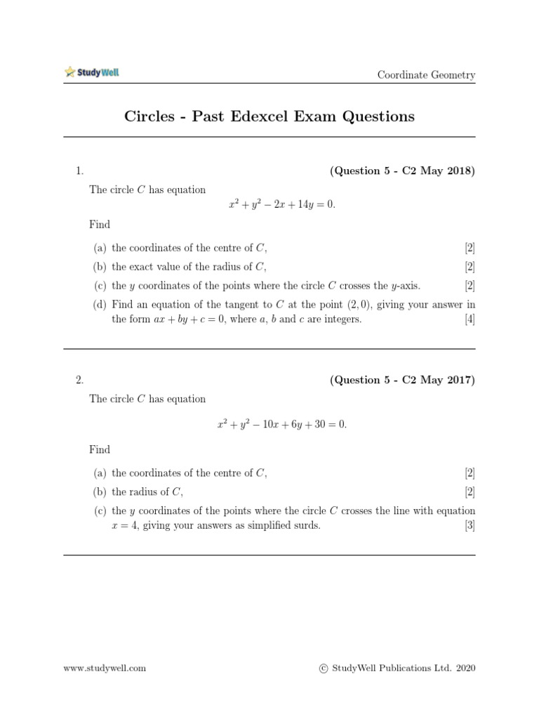 Circles - Past Edexcel Exam Questions: C Studywell Publications Ltd ...