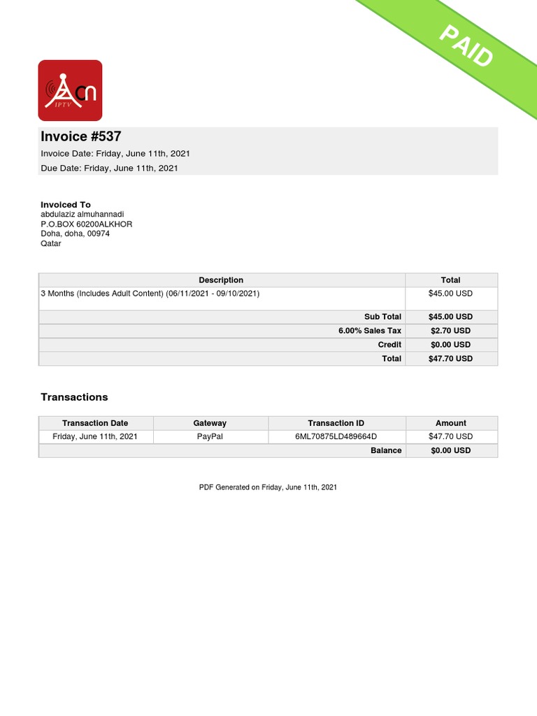 Invoice #537: Invoice Date: Friday, June 11th, 2021 Due Date: Friday ...