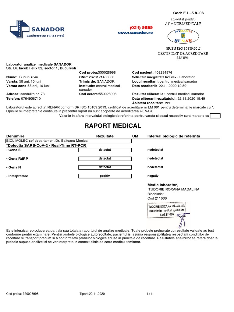 Raport Medical: Cod: F.L.-5.8.-03 | PDF