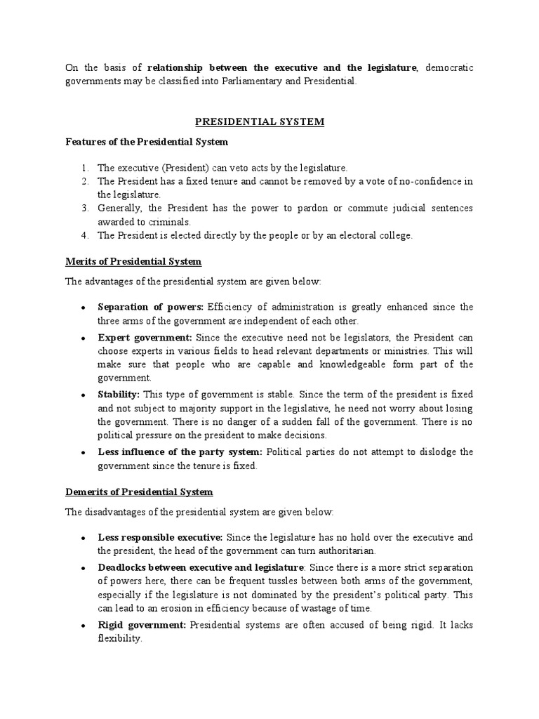 Parliamentary vs. Presidential Systems | PDF | Legislature | Cabinet ...