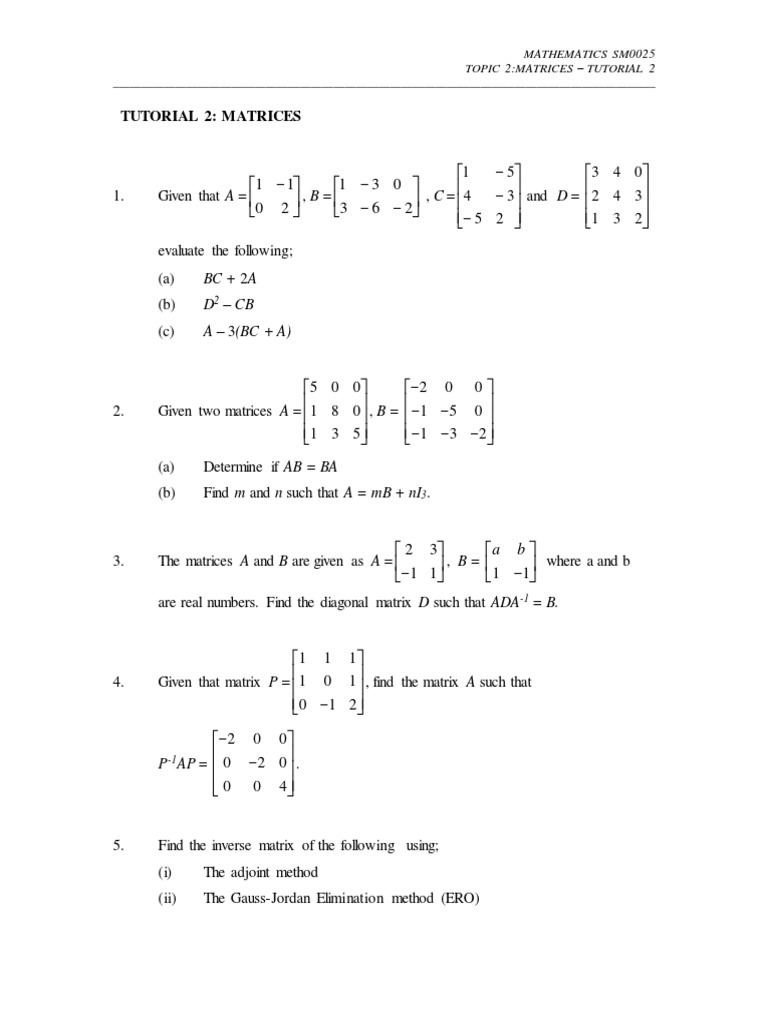 Tutorial 2: Matrices: BC + 2A D - CB A - 3 (BC + A) | PDF | Matrix ...