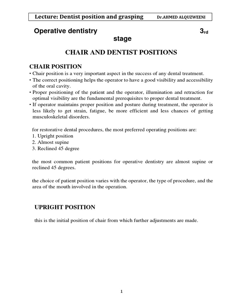 Operative Dentistry 3 Stage Chair and Dentist Positions | PDF ...