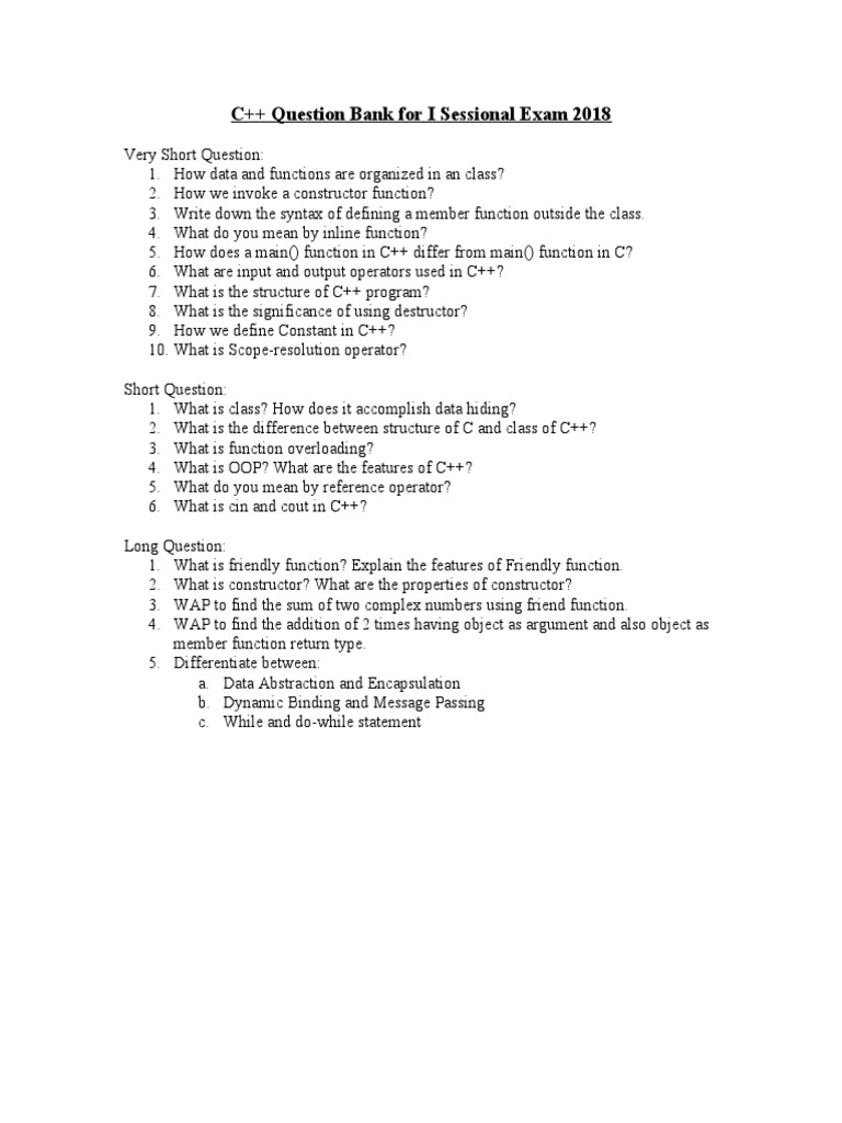 C++ I Sessional Exam Question Bank 2018 | PDF | Computers