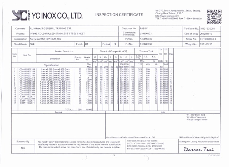 Yc Inox Co., LTD.: Inspection Certificate | PDF | Building Technology | Chemical Elements