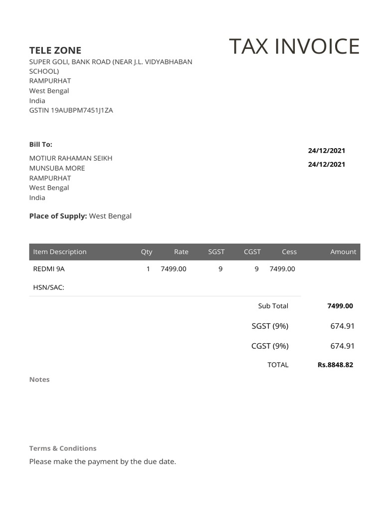 Tax Invoice: Tele Zone | PDF