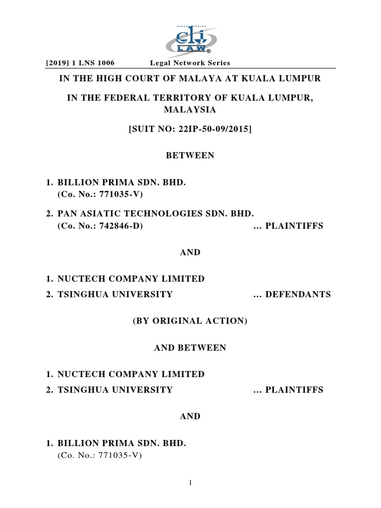 Billion Prima SDN BHD & Anor V Nuctech Company Limited & Anor (2019) 1 ...