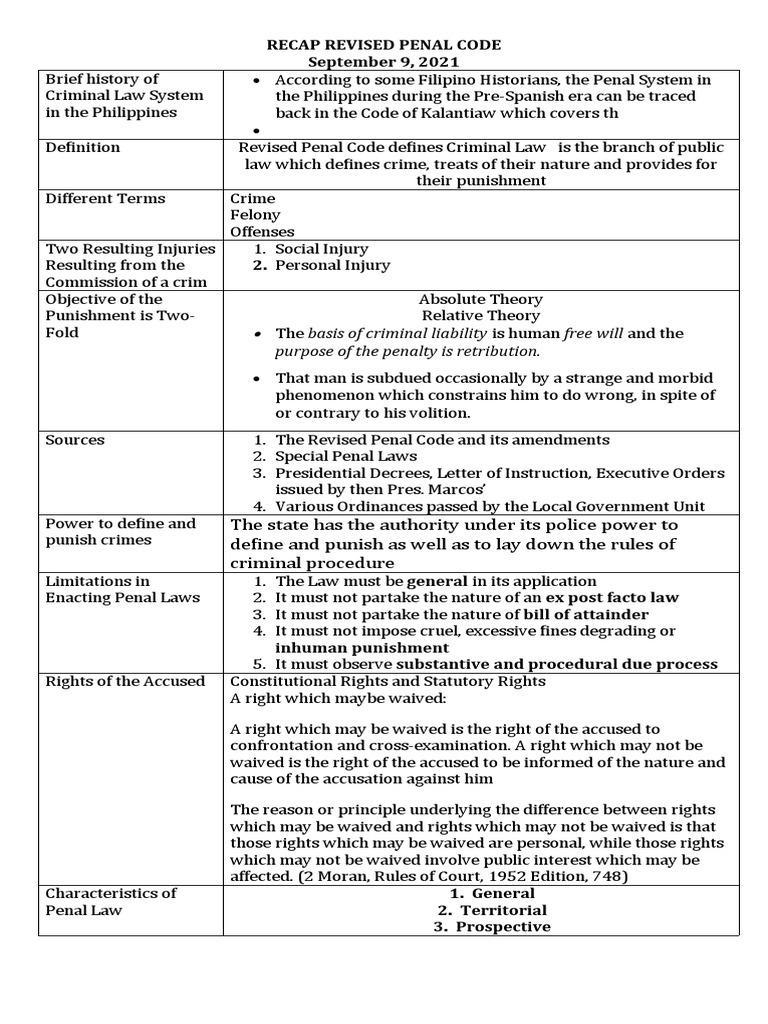 Revised Penal Code Recap | PDF | Ex Post Facto Law | Crimes