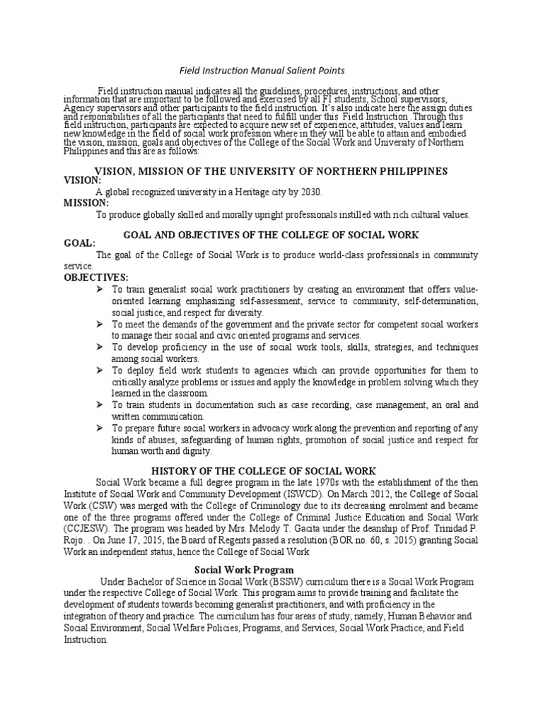 Field Instruction Manual Salient Points: Vision, Mission of The ...