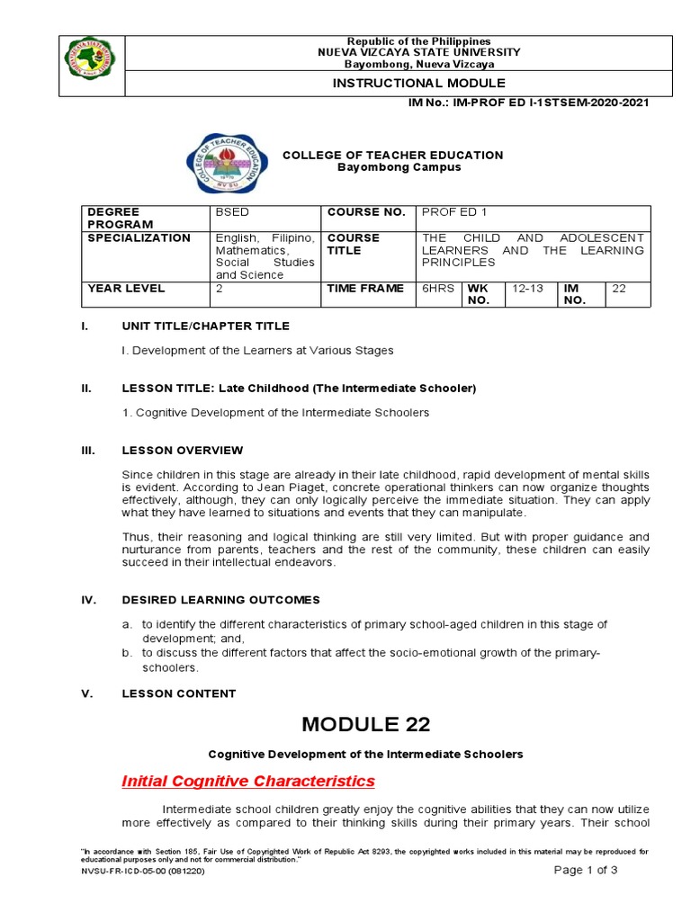 Initial Cognitive Characteristics: Instructional Module | PDF ...