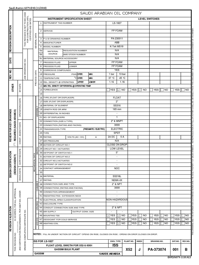 Saudi Arabian Oil Company: Instrument Specification Sheet Level ...