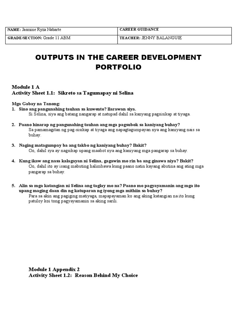 Outputs in The Career Development Portfolio: Module 1 A Activity Sheet ...