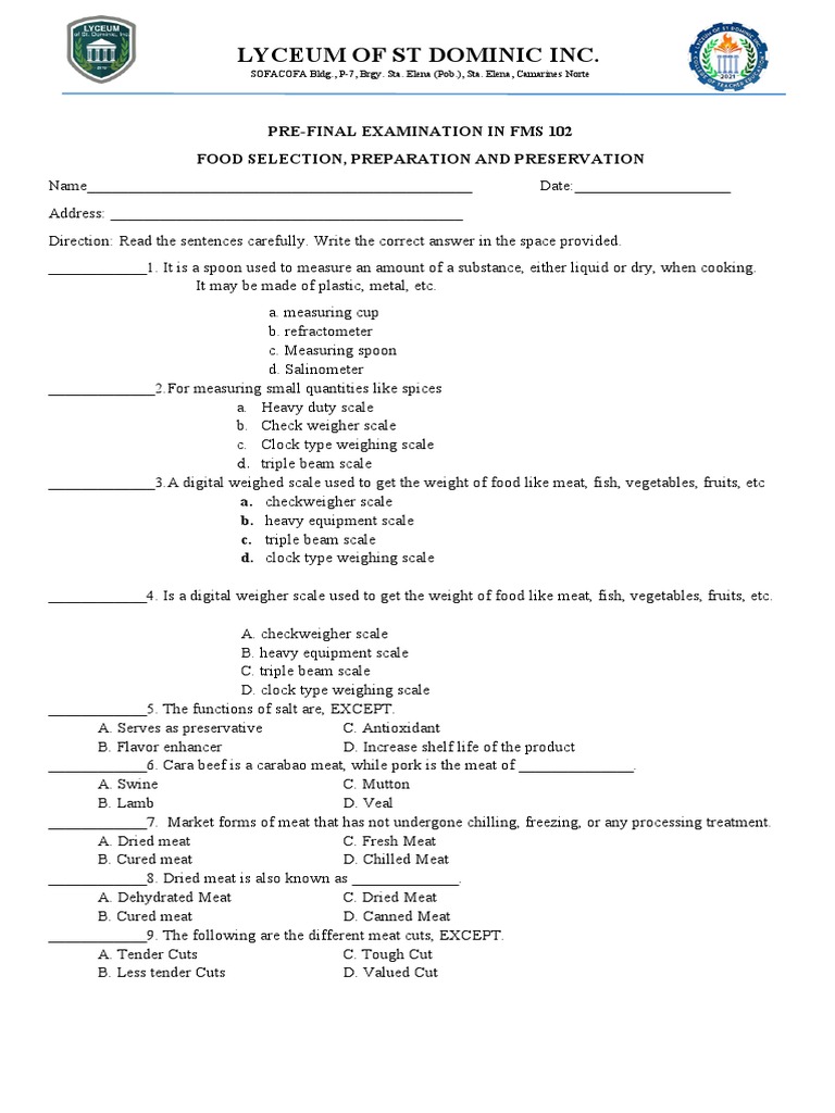 FMS 102 Food Preparation Exam Guide | PDF | Foods | Meat