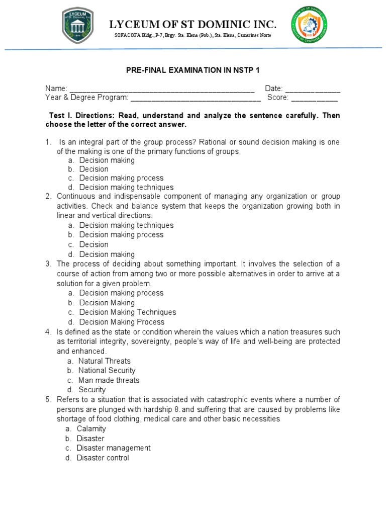 Lyceum of ST Dominic Inc.: Pre-Final Examination in NSTP 1 | PDF | Hazards | Decision Making