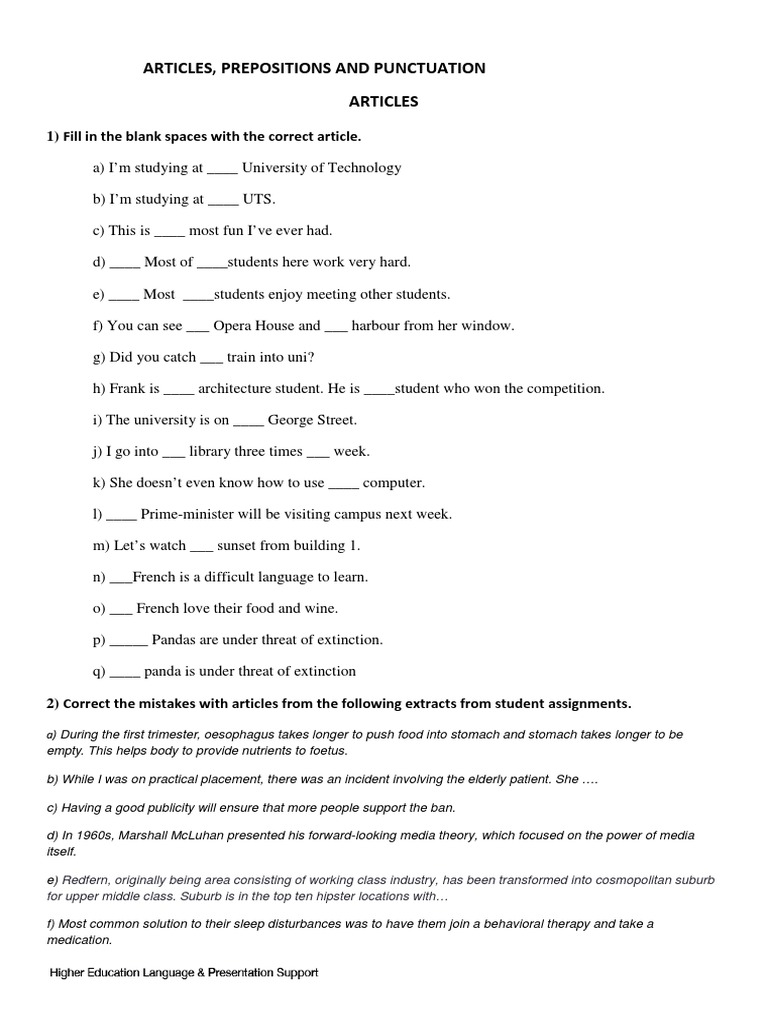Grammar 3 Articles, Prepositions & Punctuation Handout - Exercises With ...