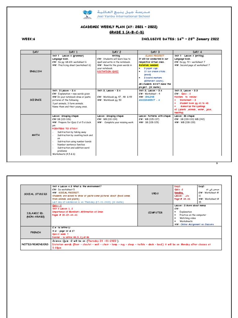 Academic Weekly Plan (Grade 1) Week 6 | PDF | Books | Worksheet