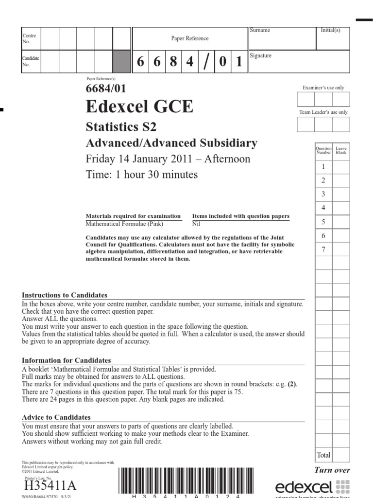 Edexcel A Level S2 Jan 2011 Paper | PDF | Probability Distribution ...
