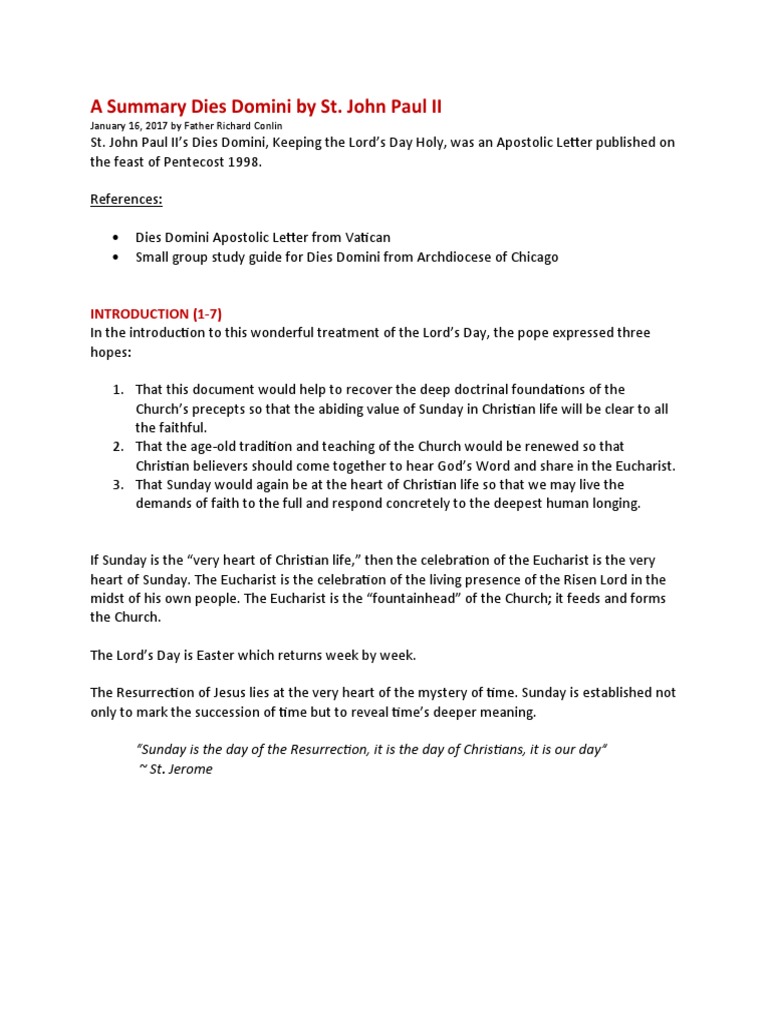 A Summary Dies Domini by St. John Paul II: Introduction (1-7) | PDF ...