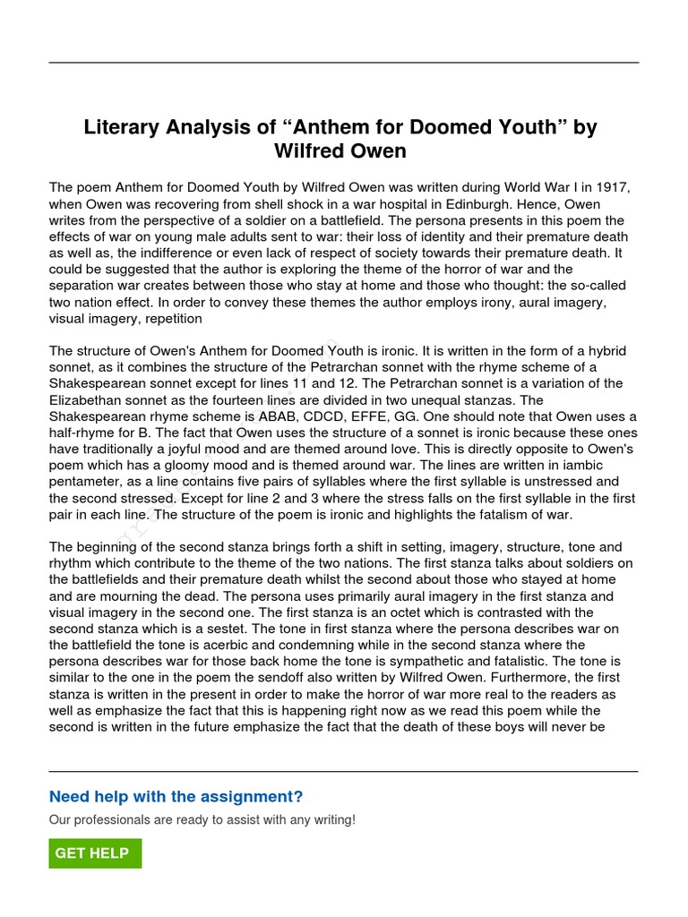 Literary Analysis of "Anthem For Doomed Youth" by Wilfred Owen | PDF ...