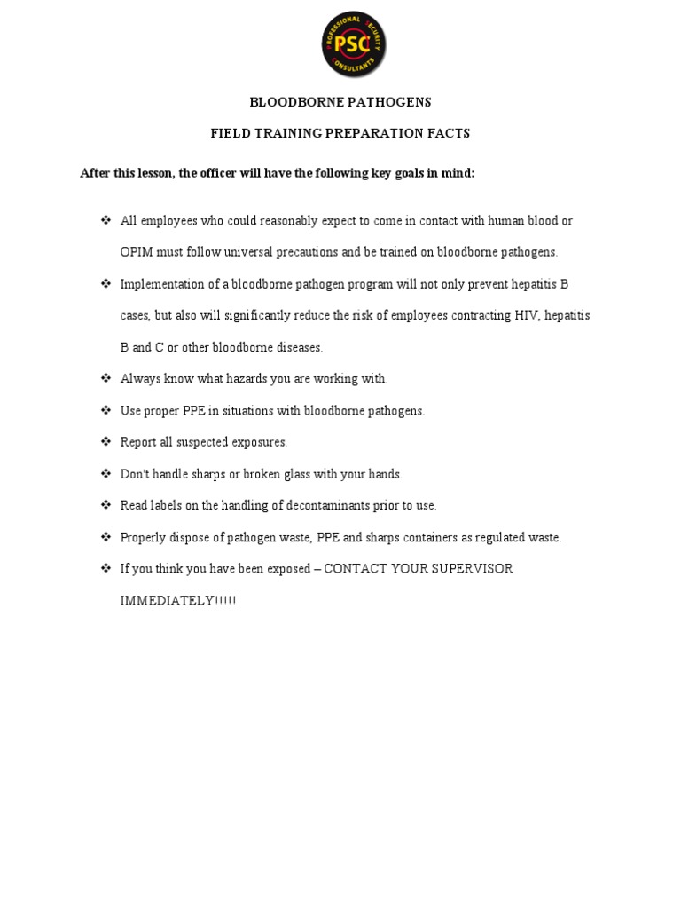 1 - Bloodborne Pathogens - FTO Sheet | PDF