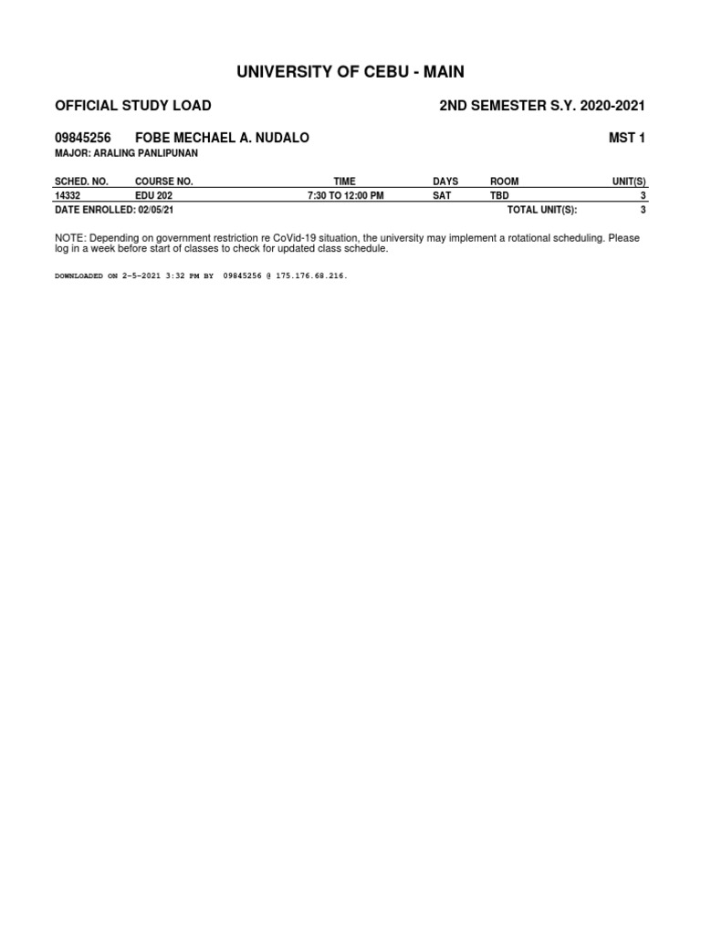 University of Cebu - Main: Official Study Load 2ND SEMESTER S.Y. 2020 ...