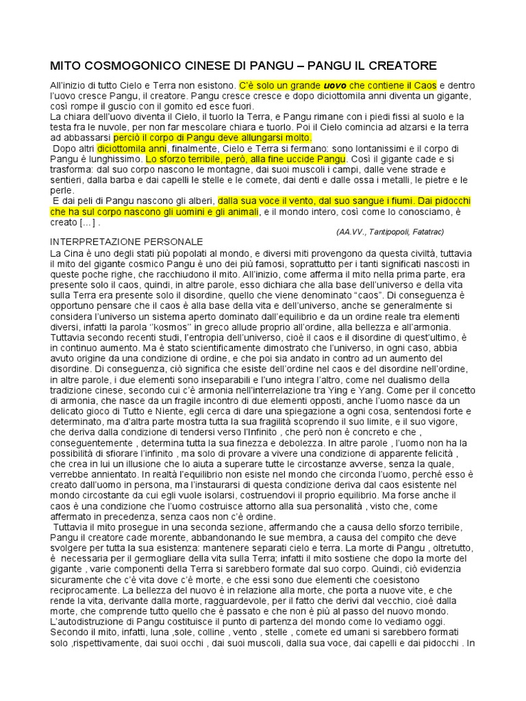 MITO COSMOGONICO CINESE DI PANGU Intr Fil | PDF