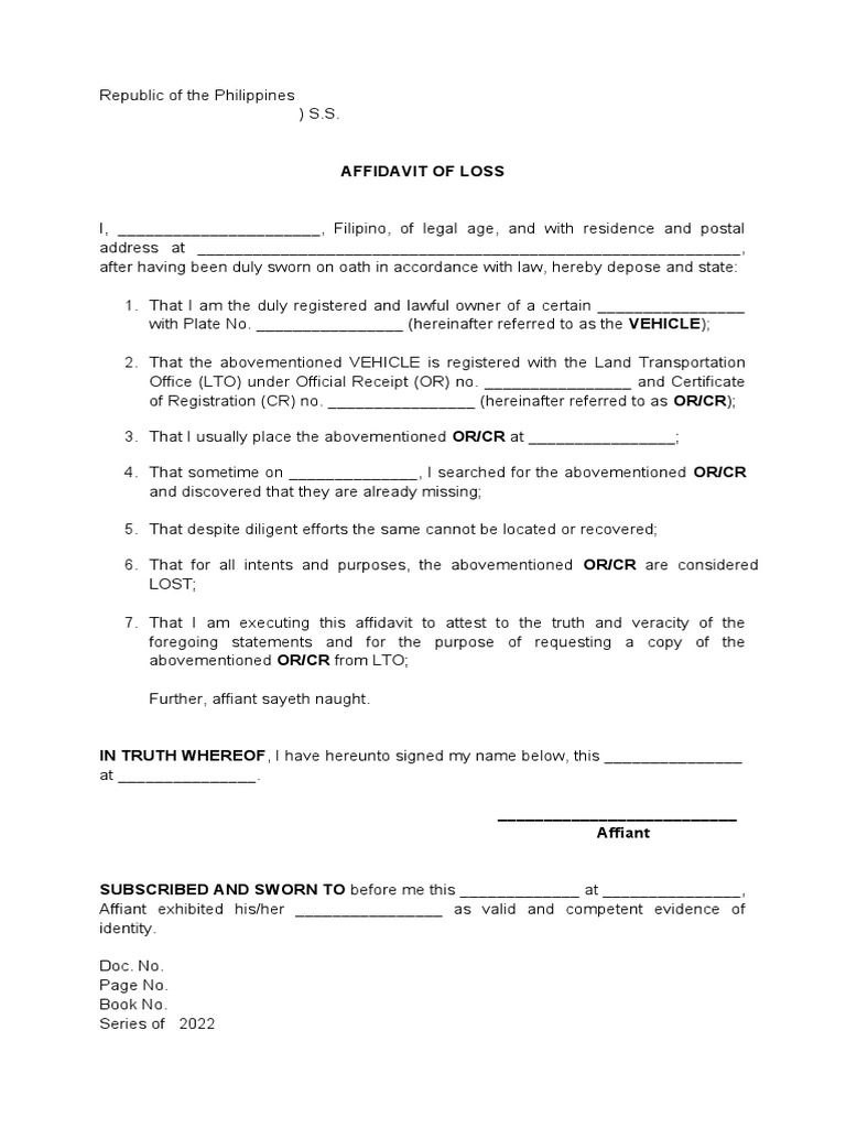 Affidavit of Loss - ORCR | PDF