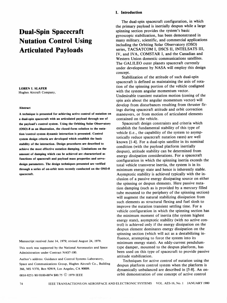 Dual-Spin Spacecraft Nutation Control Articulated Payloads: Using | PDF ...