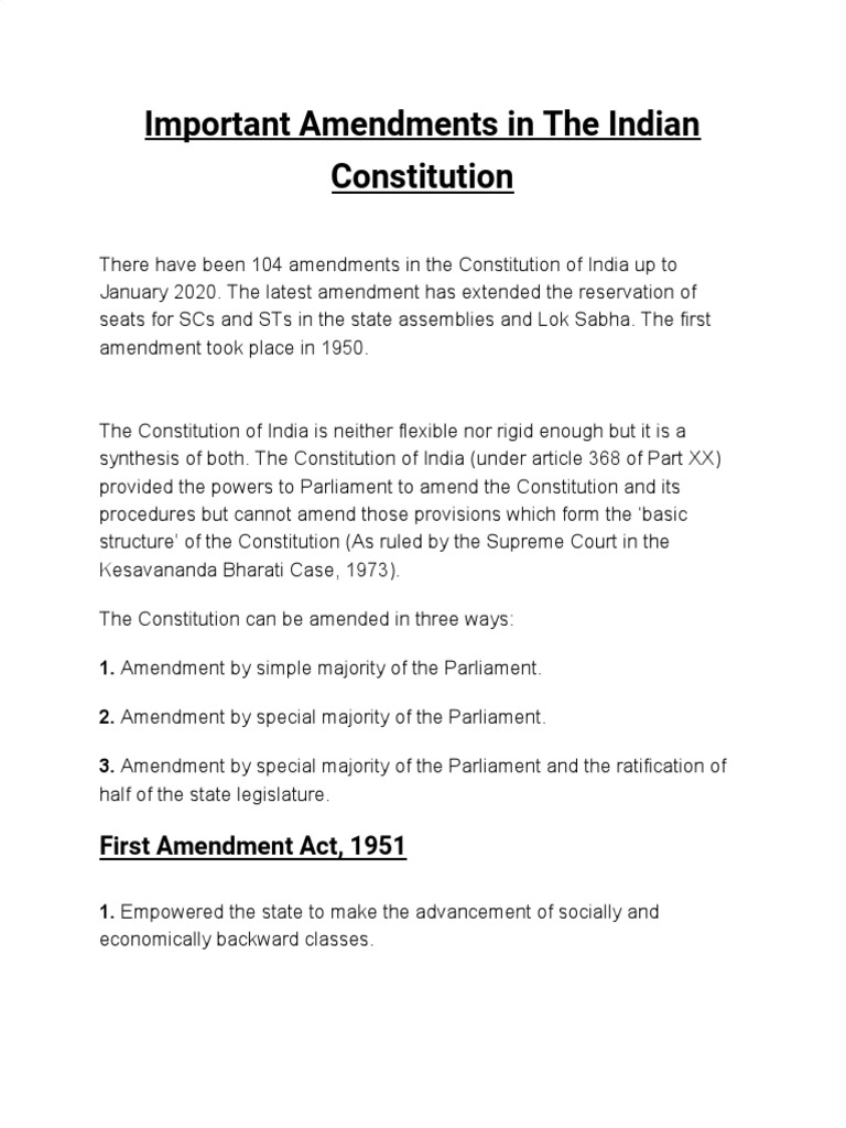 Key Amendments in Indian Constitution | PDF | Constitutional Law ...